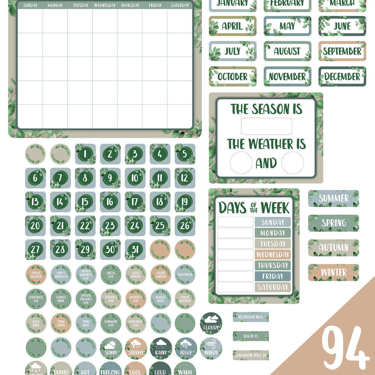 Eucalyptus Essentials Calendar Bulletin Board Set